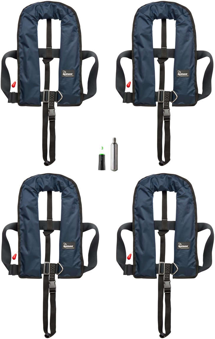 Four Navy 150N auto lifejackets, with harness, crutch straps, kit bag ...
